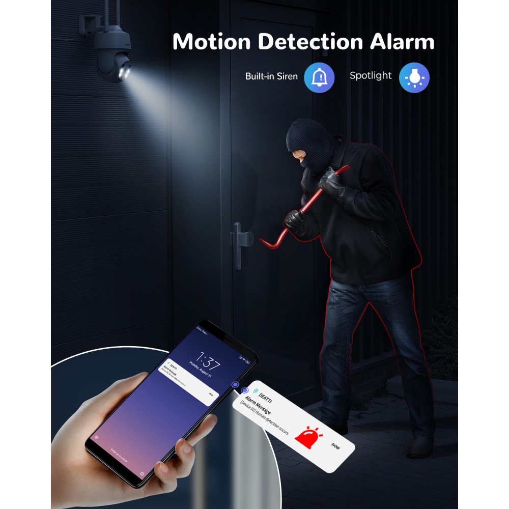 PTZ IP Outdoor WLAN Camera, Deatti 2K IP Outdoor WLAN Surveillance Camera, Two-Way Audio, Motion ...