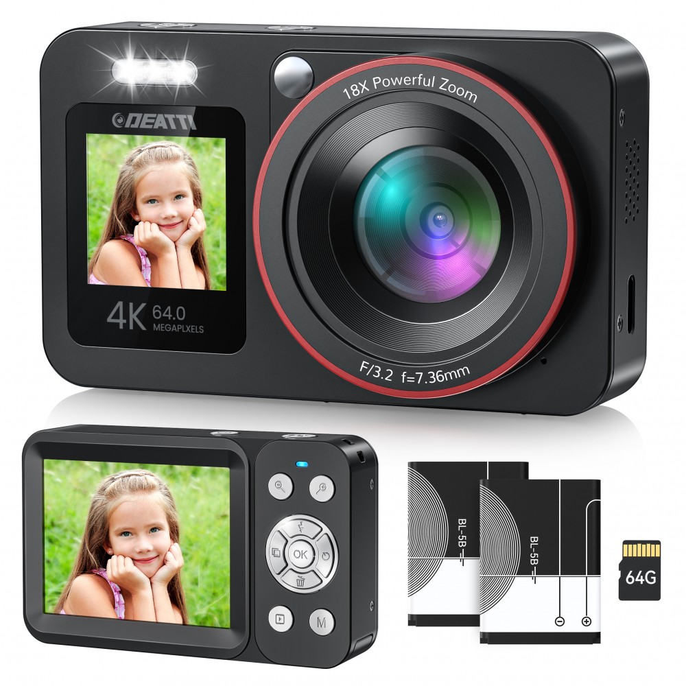 Digital Camera,FHD 4K 64MP Camera with Dual Screens 64GB SD Card 2 ...